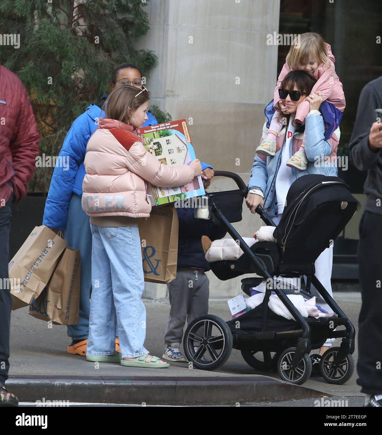 Hilaria Baldwin (wearing an "Empathy always' sweatshirt) out with 4 of ...