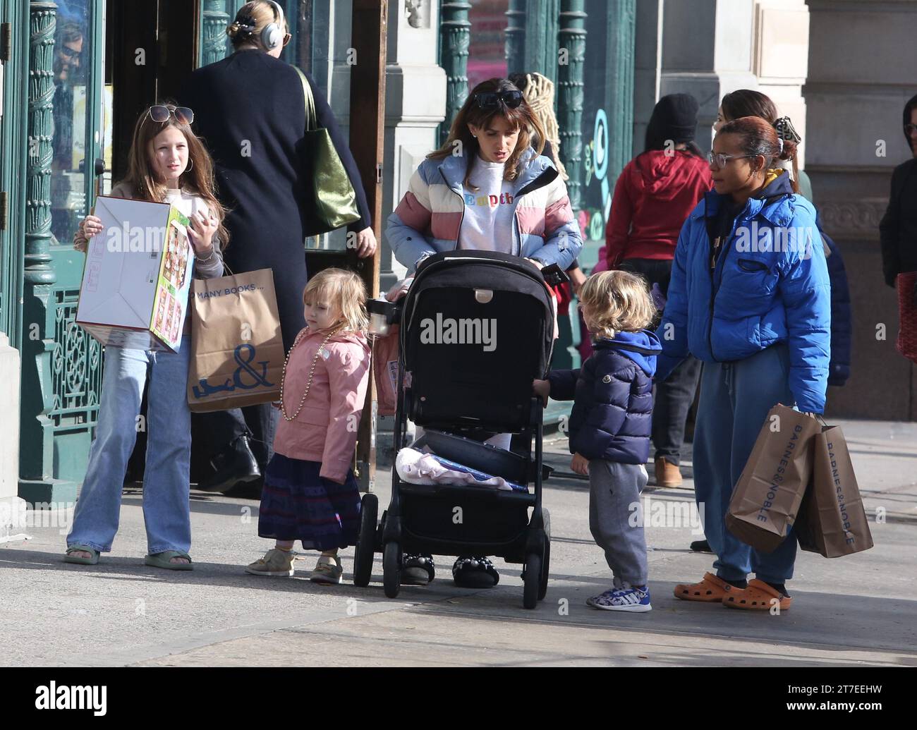 Hilaria Baldwin (wearing an "Empathy always' sweatshirt) out with 4 of ...