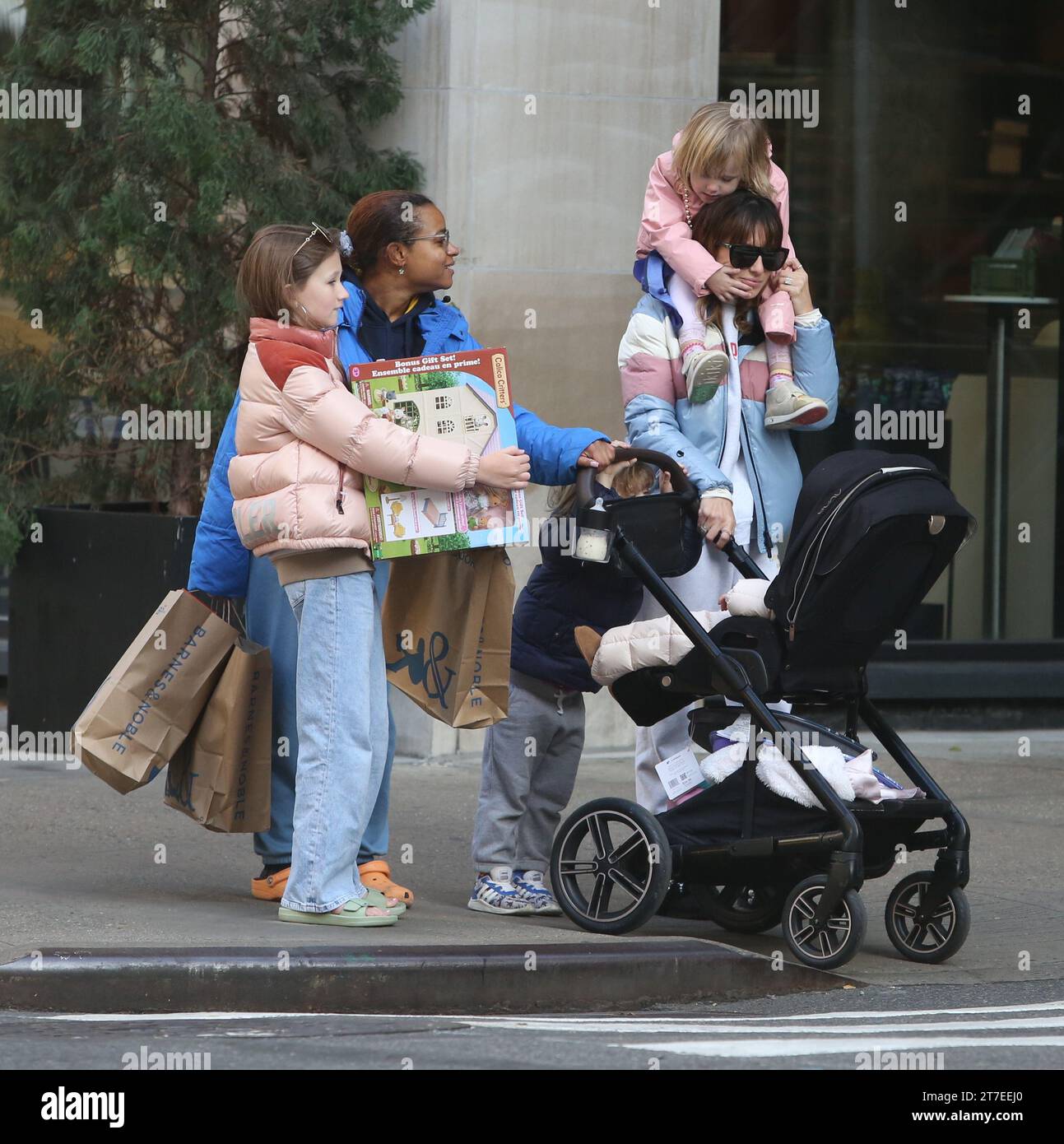 Hilaria Baldwin (wearing an "Empathy always' sweatshirt) out with 4 of ...