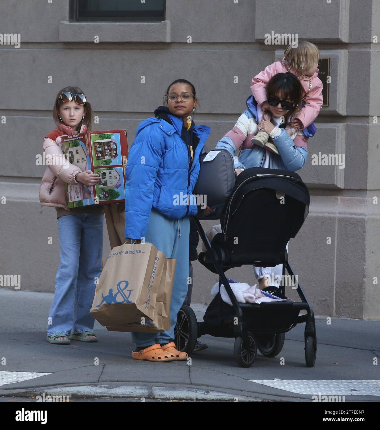 Hilaria Baldwin (wearing an "Empathy always' sweatshirt) out with 4 of ...