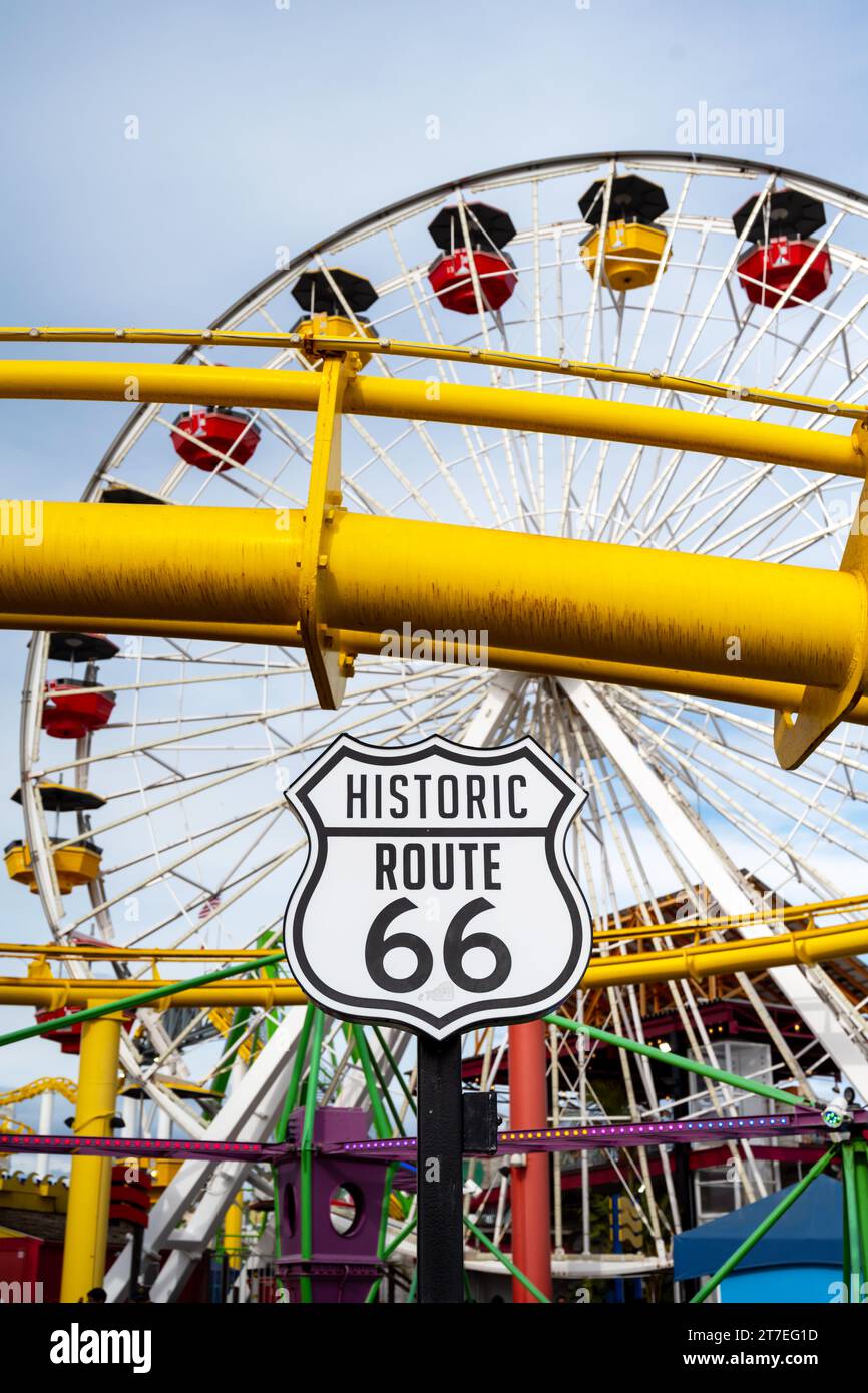 Santa Monica, California - May 05, 2023: "Route 66" Sign, a Carrousel ...