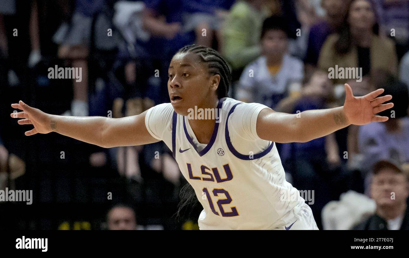 LSU guard Mikaylah Williams (12) defends during an NCAA basketball game ...