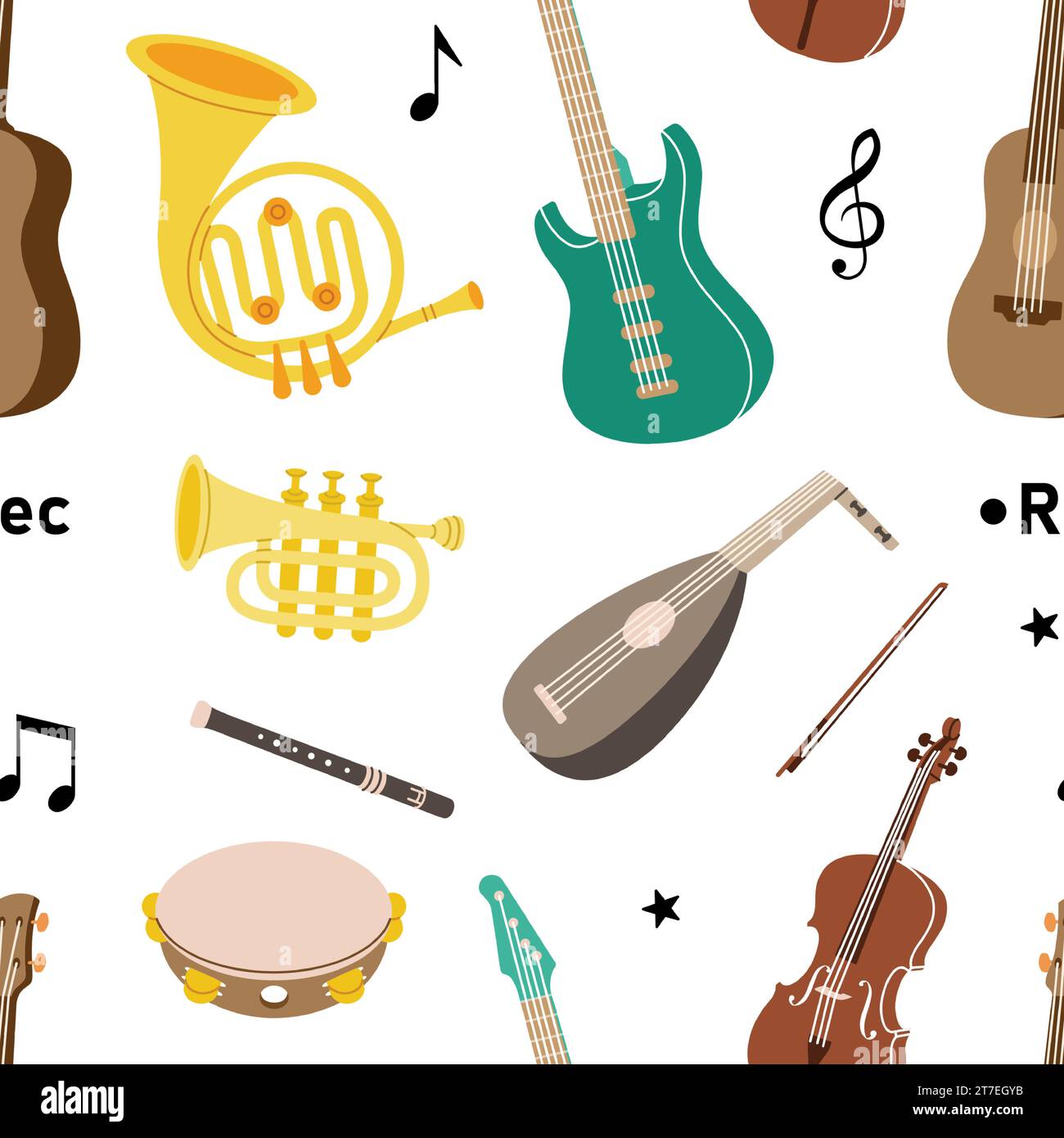 Musical instruments seamless background. Tuba, trumpet, drum flute ...