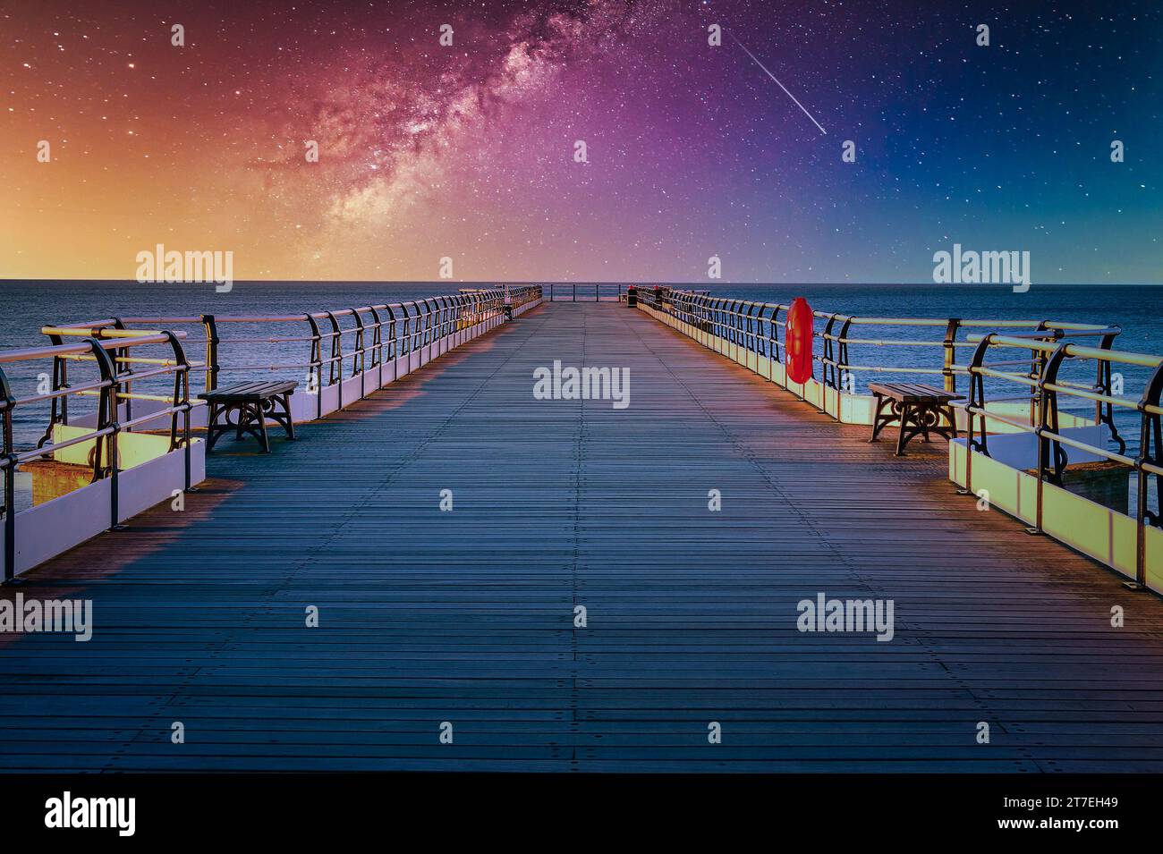 Landscape with Milky way galaxy and Sunset over pier at Saltburn by the ...
