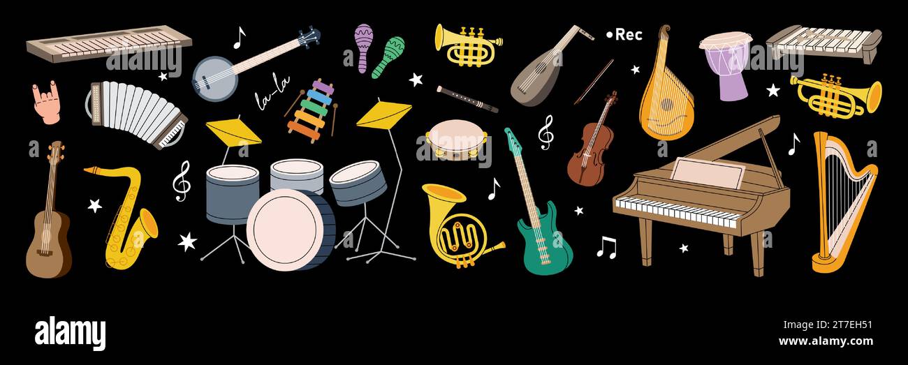 Set of musical instruments. Musical school banner. Tuba, trumpet, drum ...