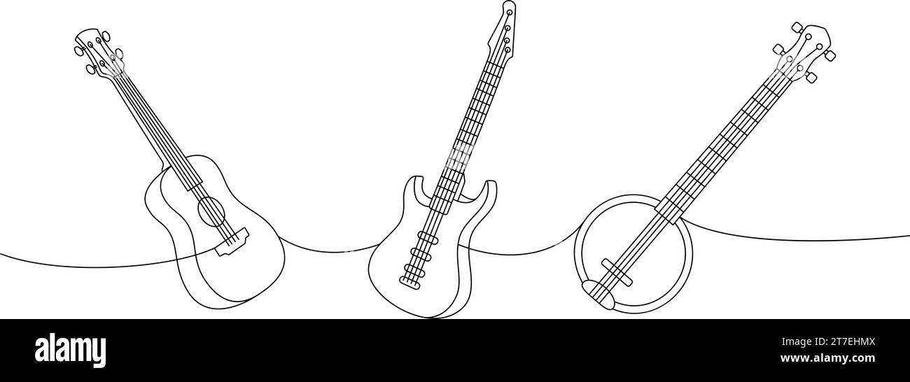 String musical instruments one line continuous drawing. Acoustic guitar ...