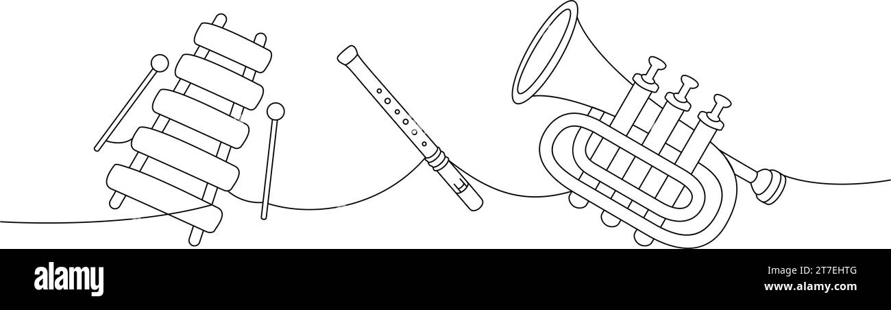 Various musical instruments one line continuous drawing. Wooden ...