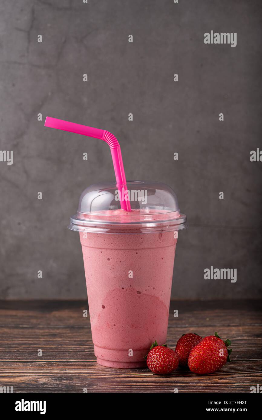 Strawberry smoothie or milkshake, healthy food for breakfast and snack ...