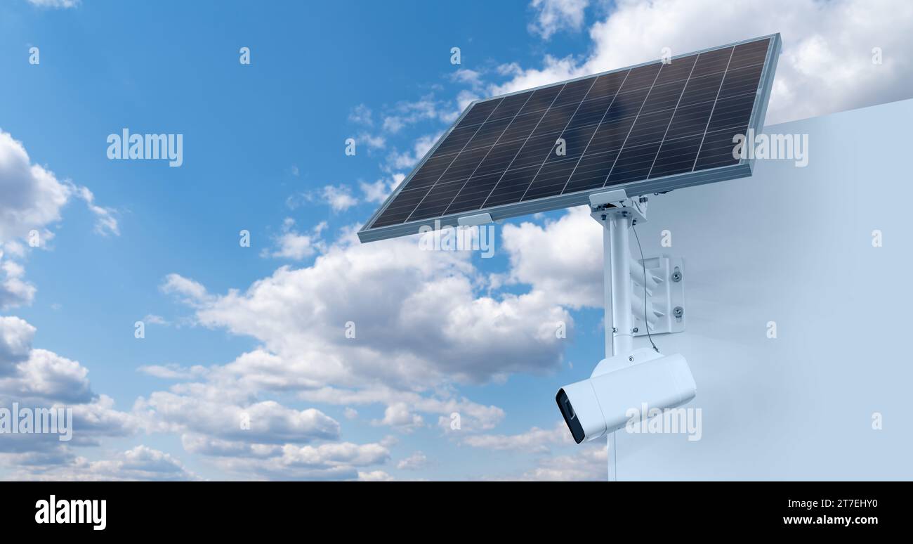 Autonomous surveillance camera with solar panel on a background of blue ...