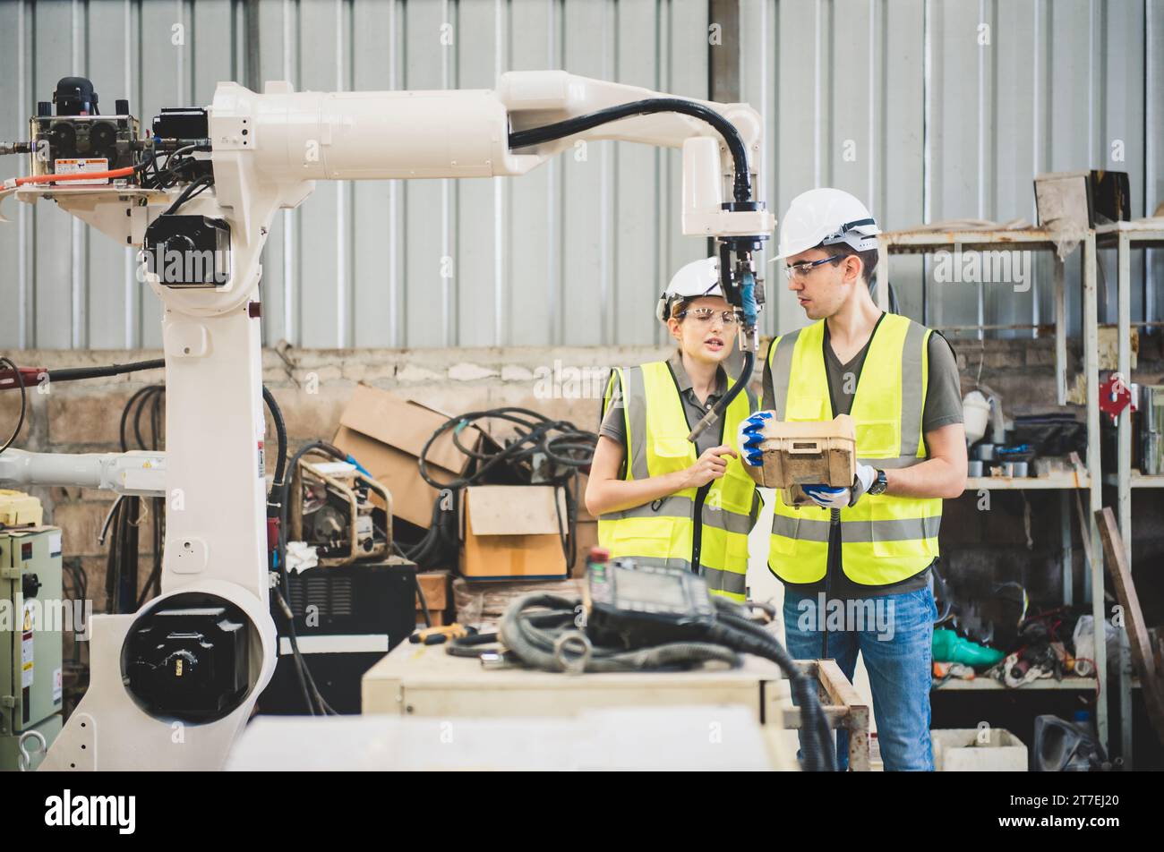 Engineers team mechanic using computer controller Robotic arm for ...