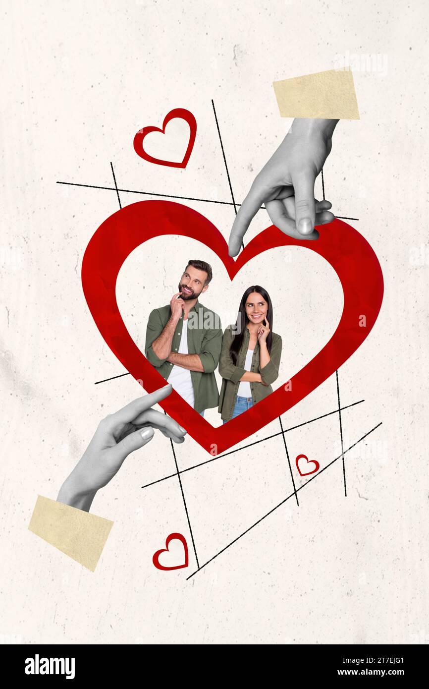 Creative collage picture of positive couple finger point photo frame ...