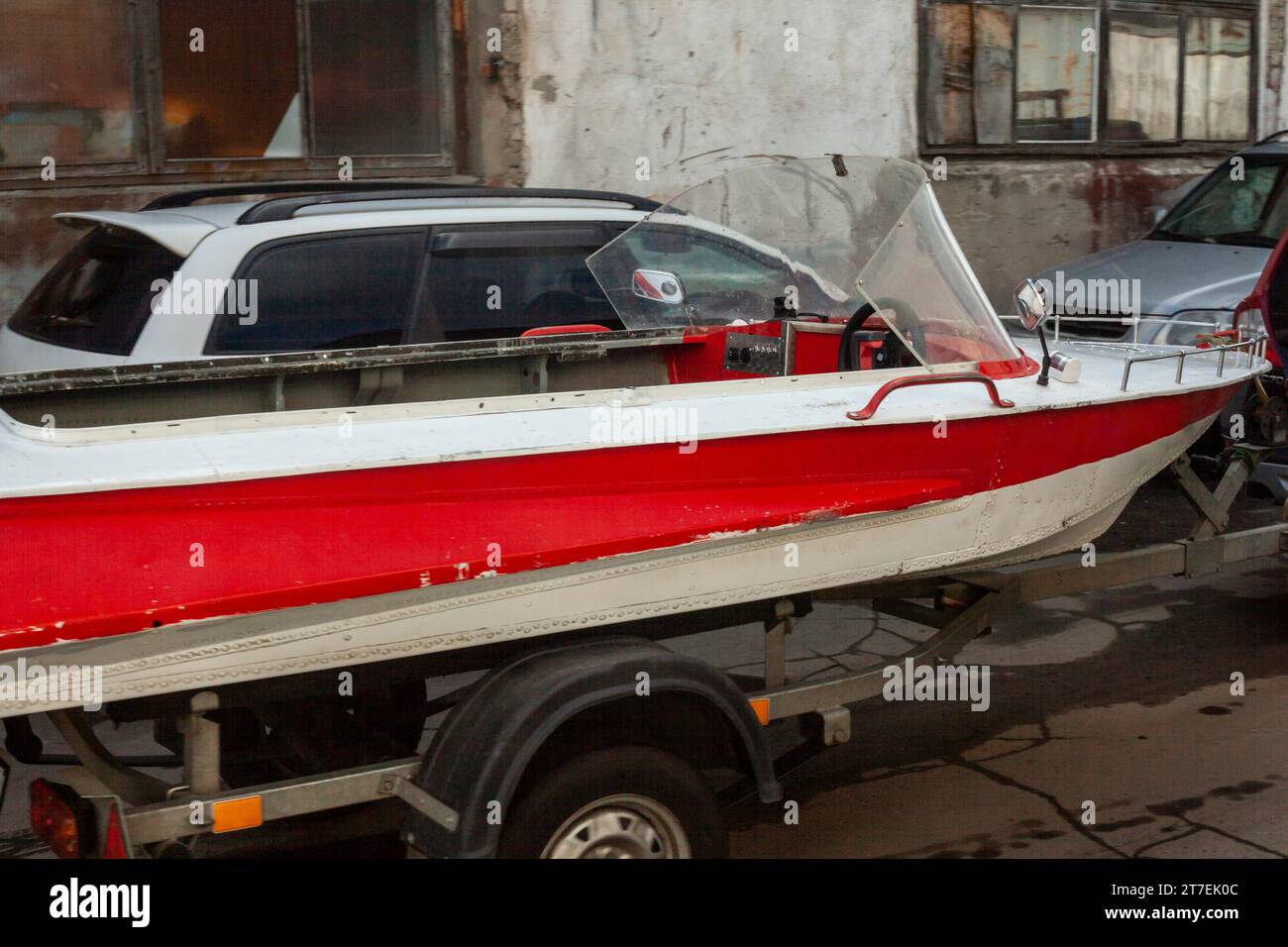 Boat on trailer. Boat for swimming. Personal yacht. Ship on car trailer ...