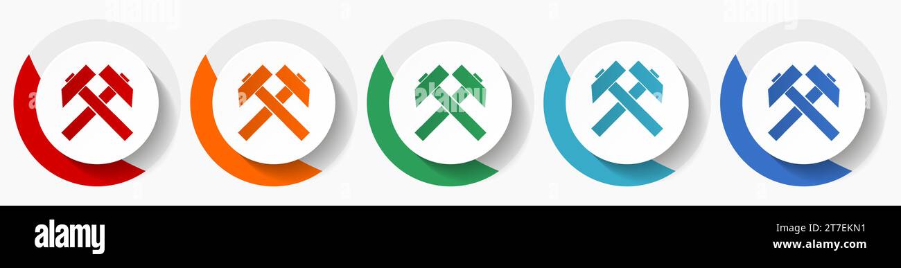 Mining vector icon set, flat design colorful round icons in 5 color ...