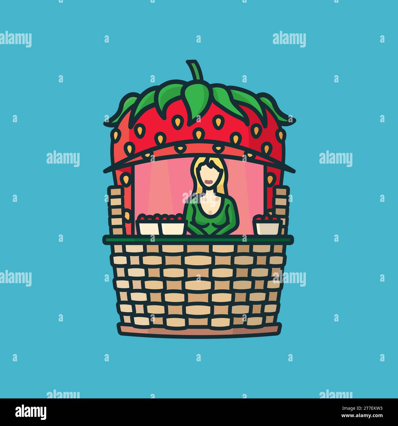 Female strawberry salesperson in fruit-shaped kiosk vector illustration ...