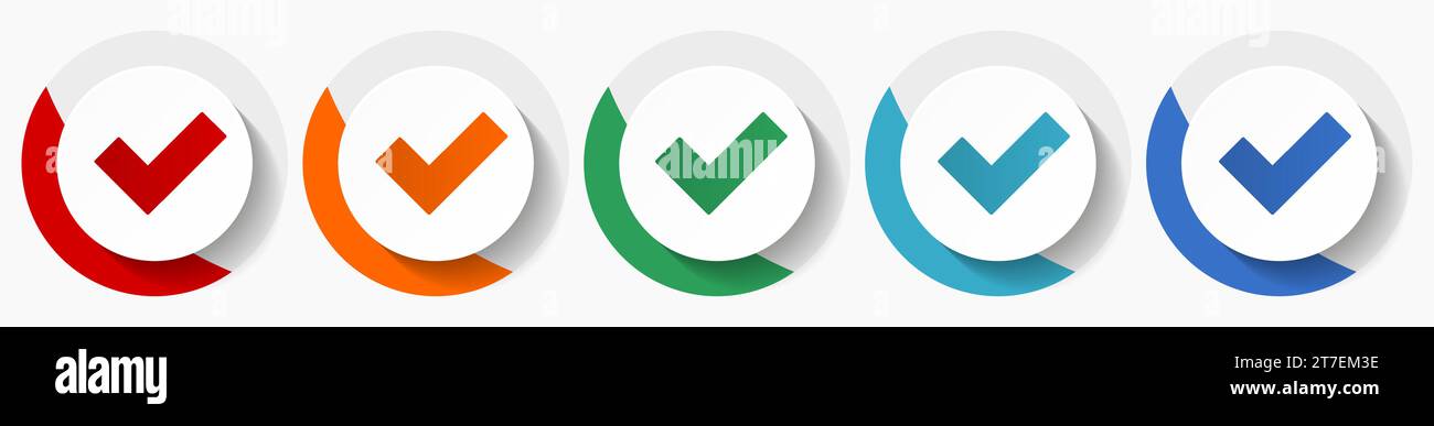 Accept vector icon set, flat design colorful round icons in 5 color ...