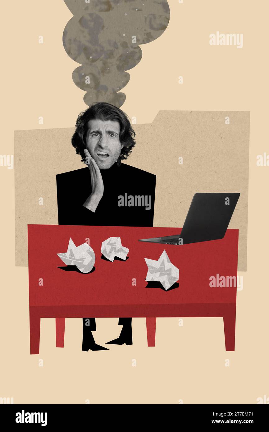 Artwork collage sketch of worried nervous man workaholic working hard ...