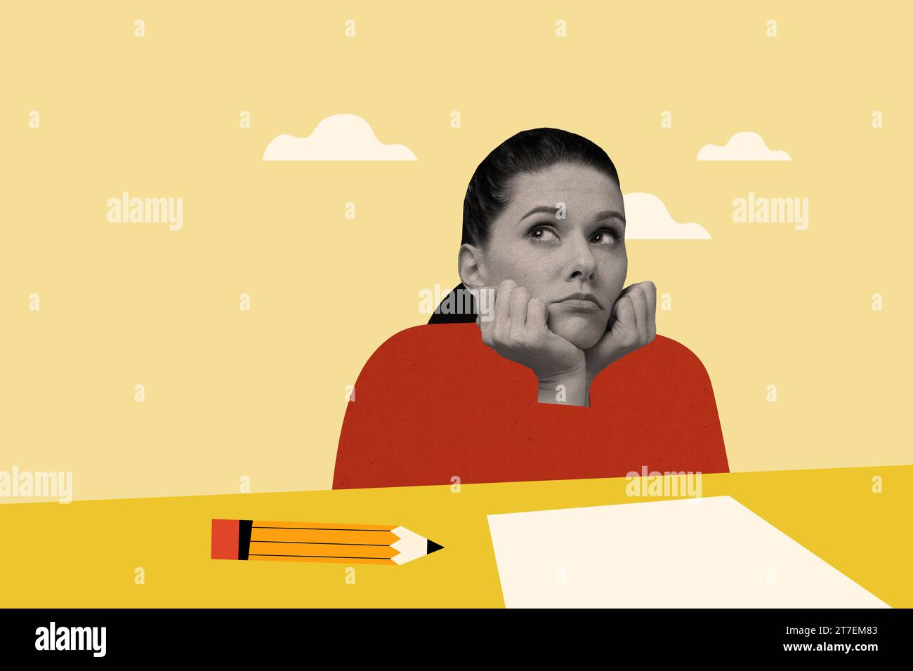 Collage graphics picture of stressed depressed lady having no ideas ...