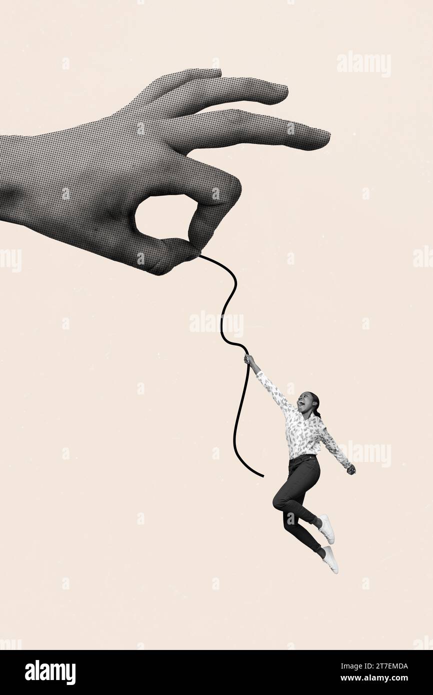 Artwork magazine collage picture of funky lady hanging on long string ...