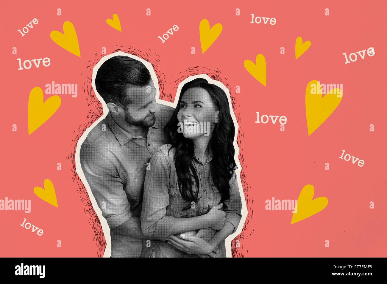 Creative poster collage of positive couple gentle hugging have fun ...