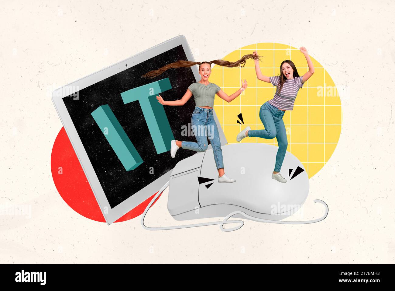 Poster picture 3d collage of cheerful happy girl it specialists coding ...