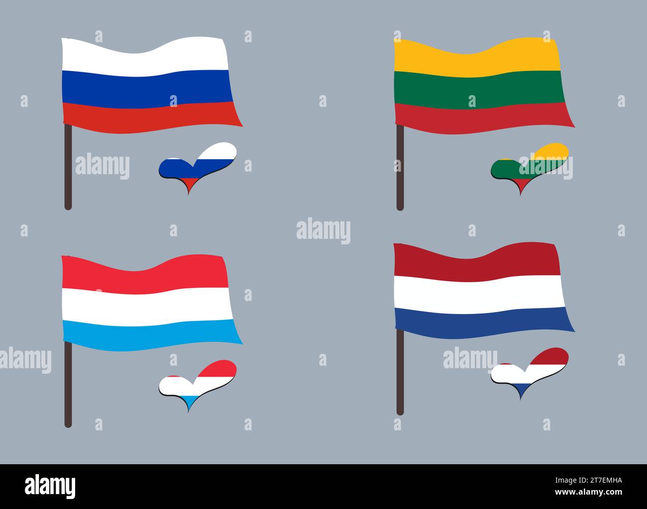 Set of flags (Lithuania, Luxembourg, Netherlands, Russia). Heart in flag colors. Set of national ...