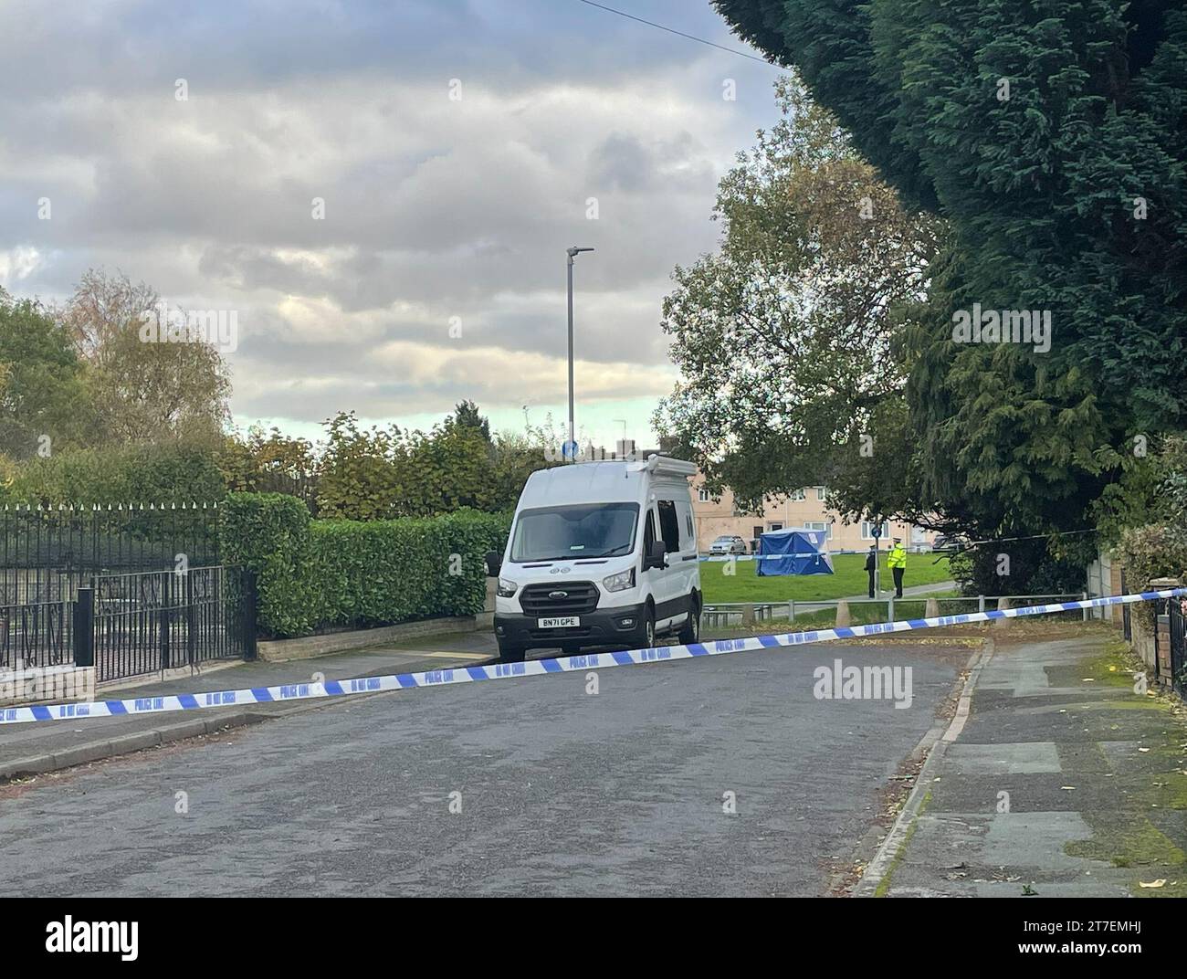 A forensic blue tent by the police cordon in East Park, off Laburnum Road, Wolverhampton, where ...