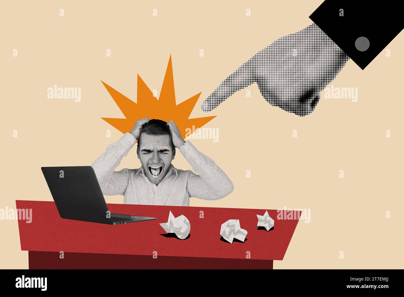 Collage artwork picture of boss hand pointing guilty burning guy ...