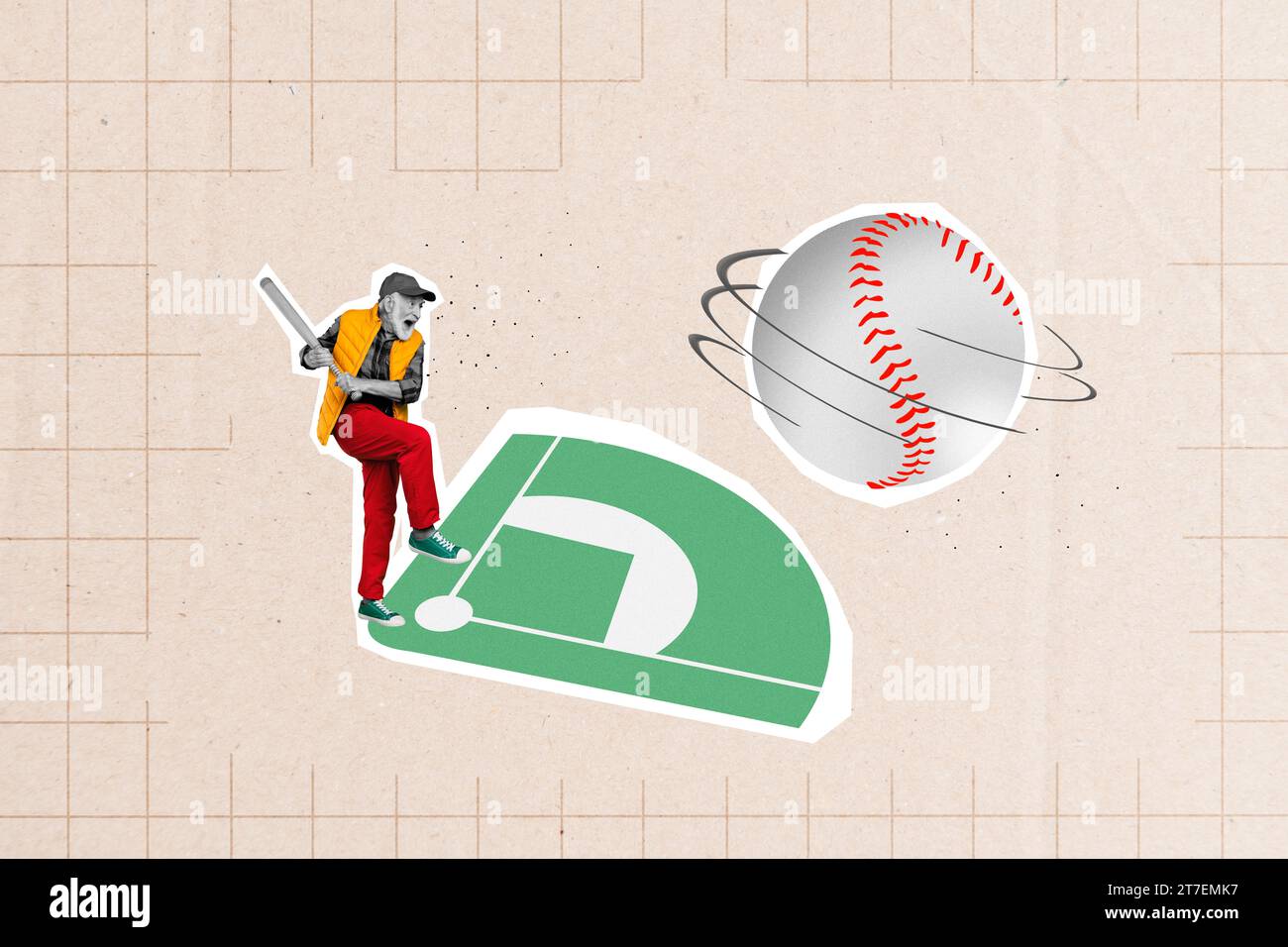 Picture collage of cheerful happy old man playing baseball game hobby ...