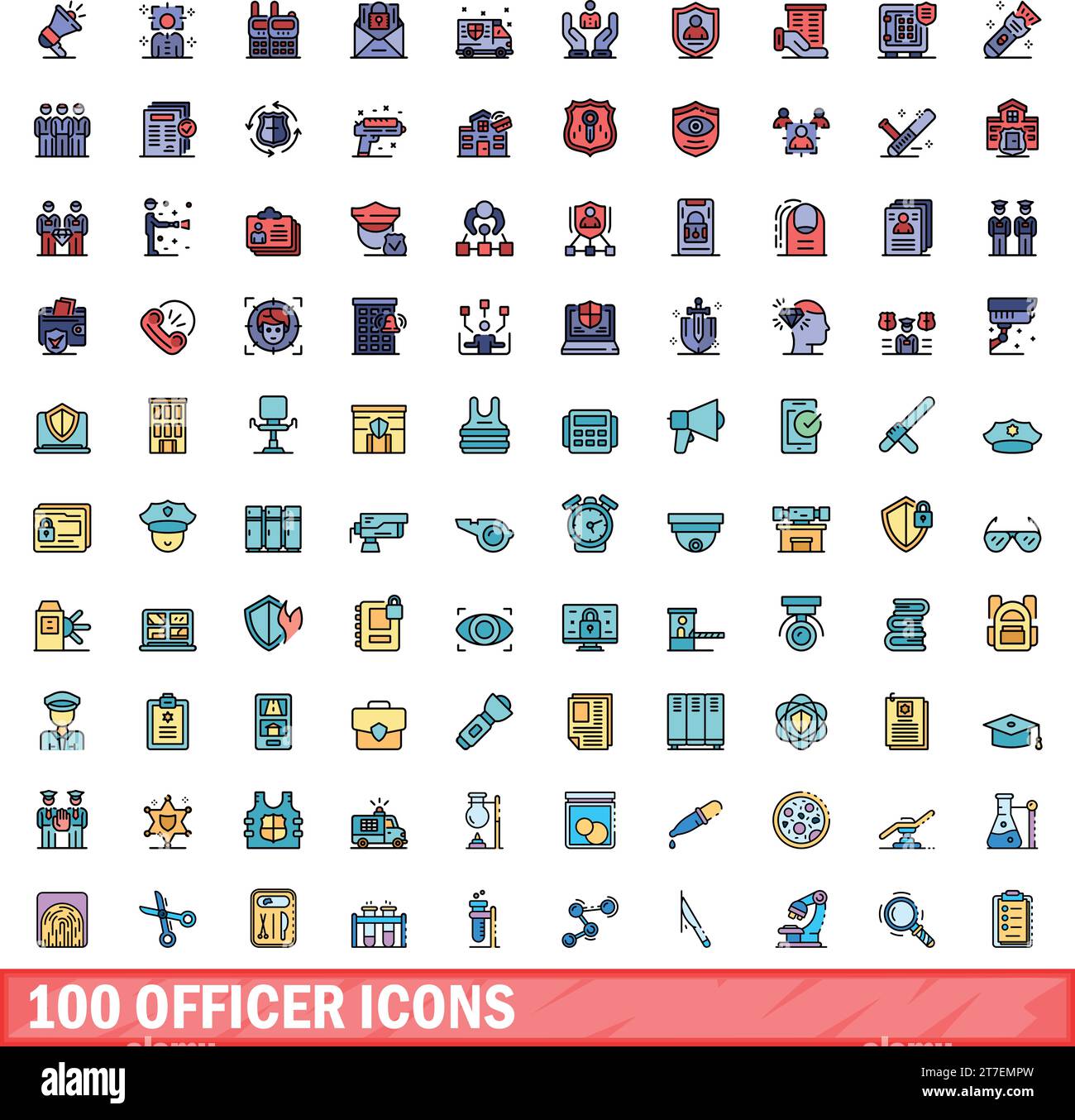100 officer icons set. Color line set of officer vector icons thin line ...