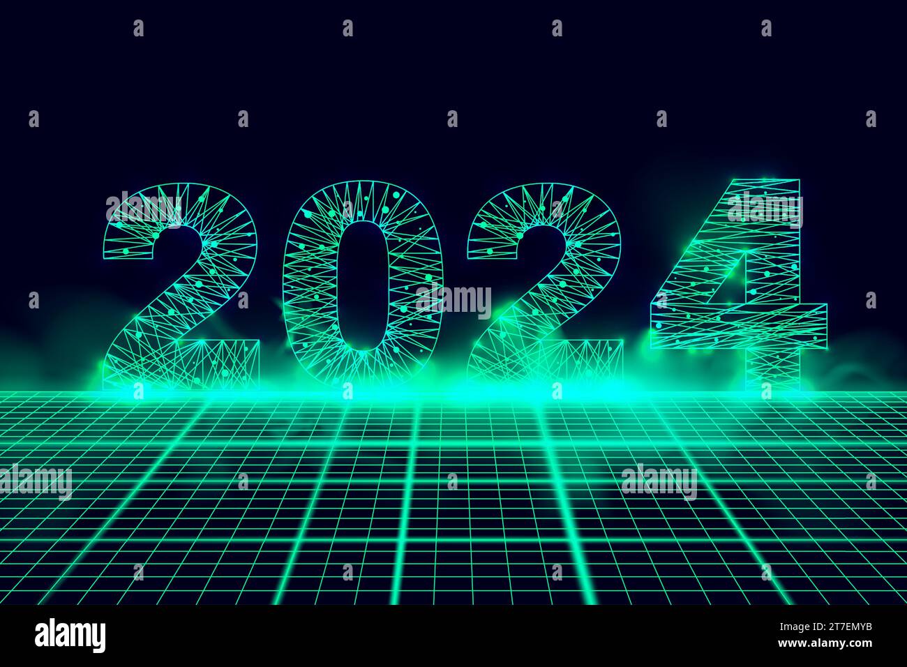 Happy new year 2024 greeting card, numbers from a polygonal wireframe mesh with green smoke ...