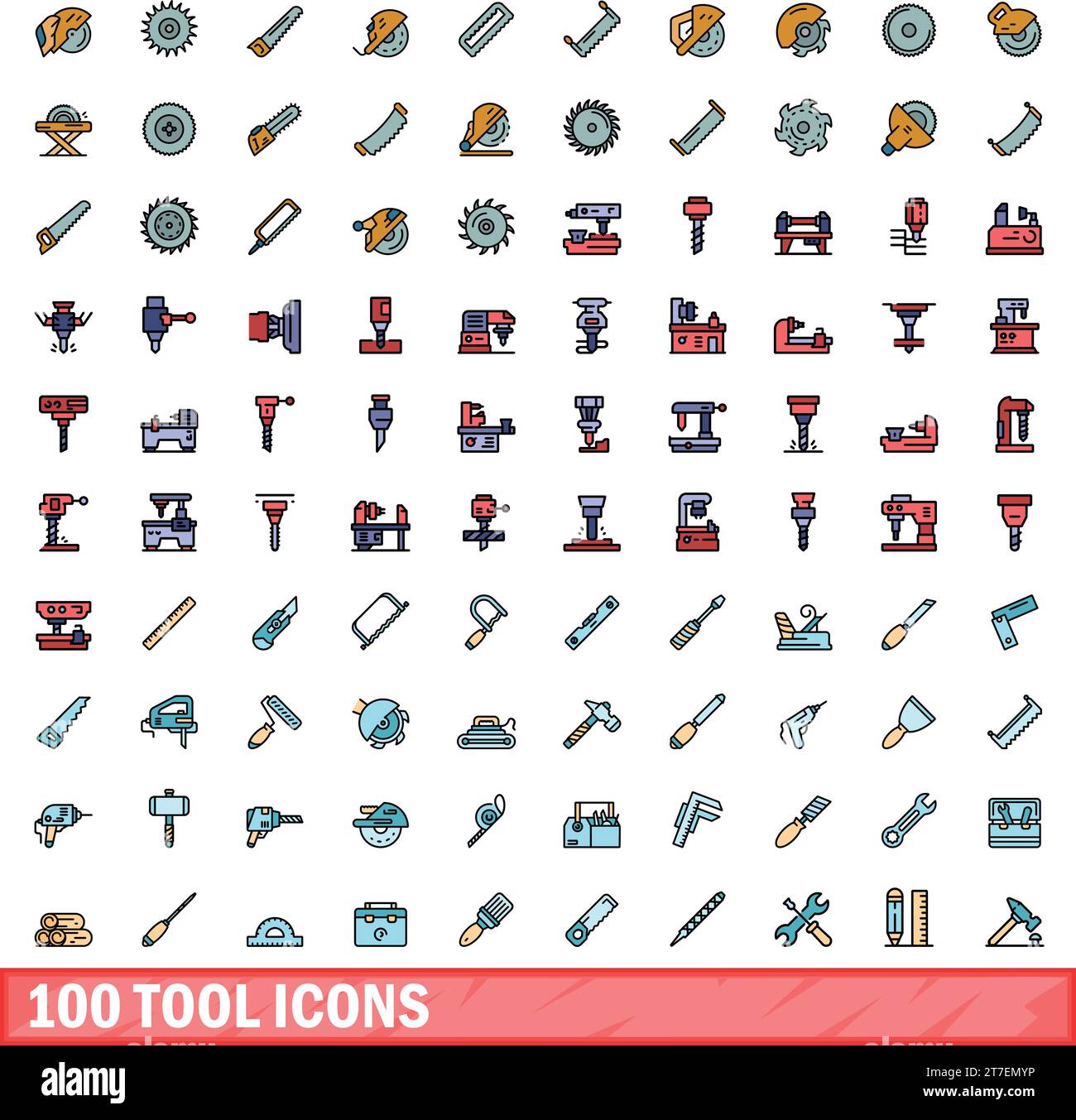 100 tool icons set. Color line set of tool vector icons thin line color flat on white Stock ...
