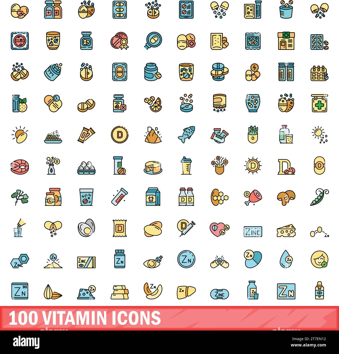 100 vitamin icons set. Color line set of vitamin vector icons thin line ...