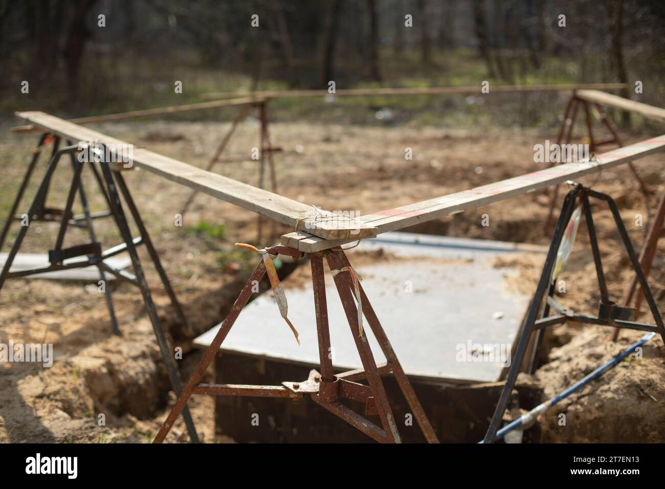 Dug up land at construction site. Pipe repair. Construction details ...