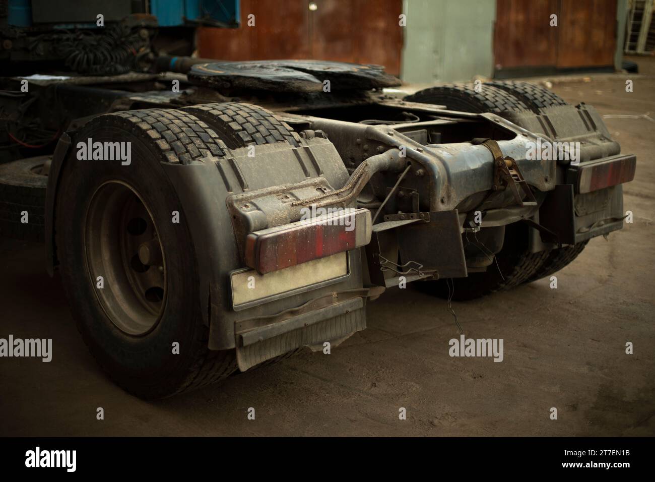 Rear wheels of trucks. Truck in parking lot. Machine without trailer ...