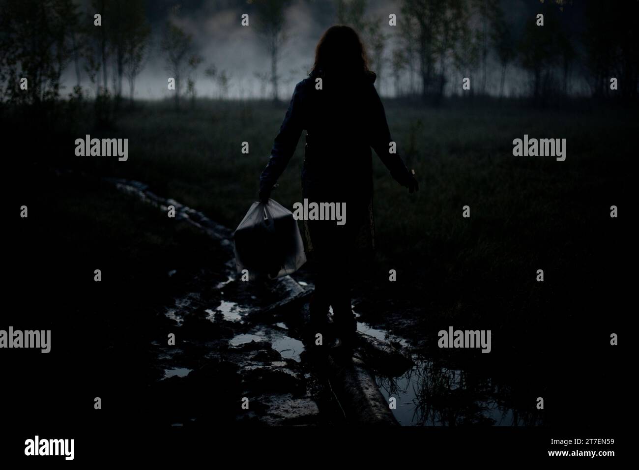 Girl walks in fog in morning. Rest in wild. Fog in swamp. Man carries ...