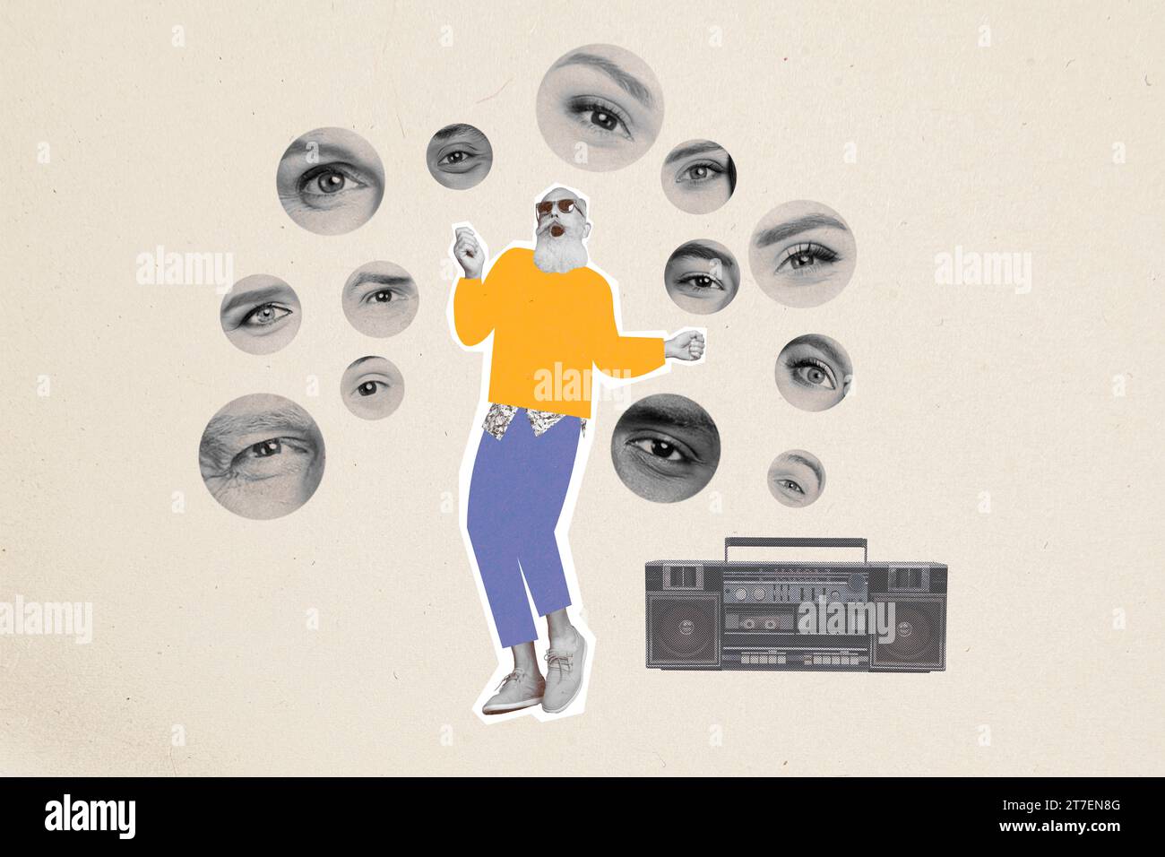 Creative retro magazine collage of many eyes looking funky guy having ...