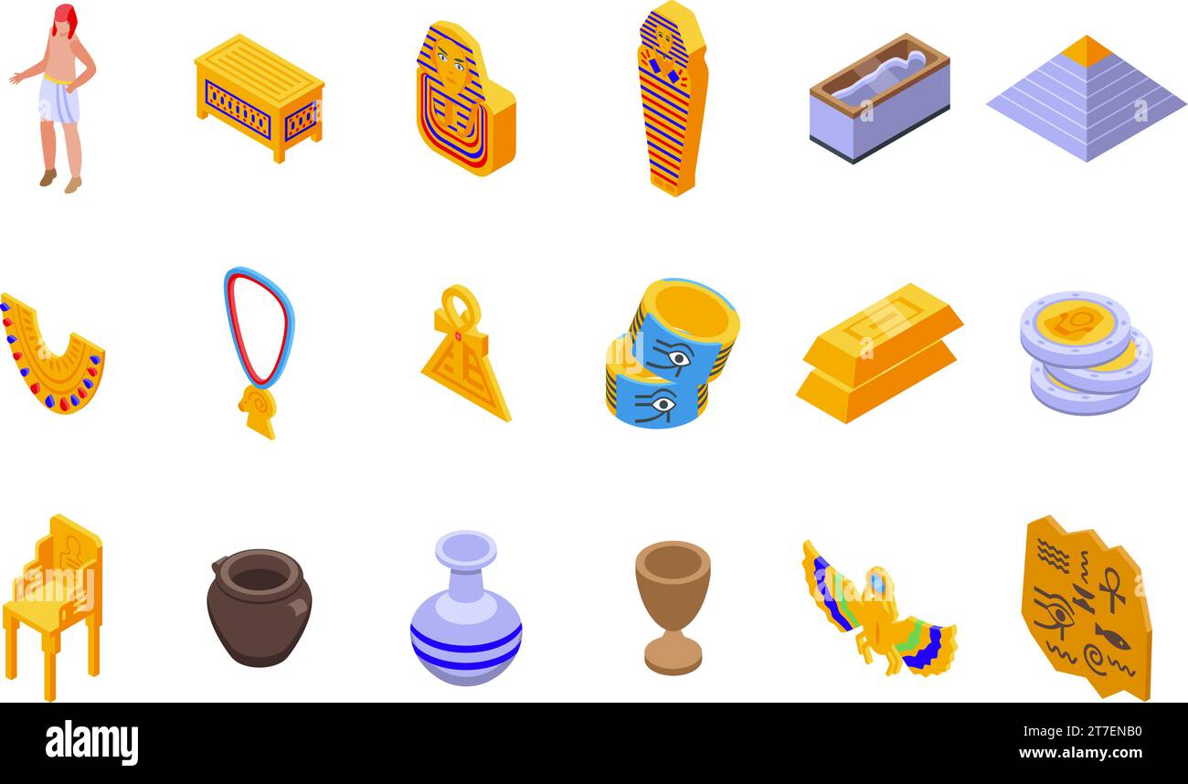 Pharaoh tomb icons set isometric vector. Ancient pillar. Interior pile ...