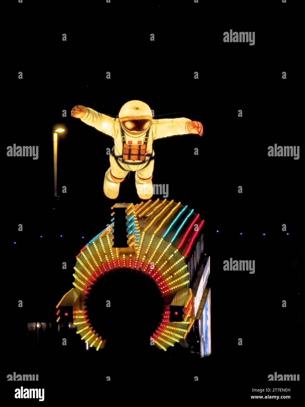 space man with space rocket light show in blaackpool in england Stock ...