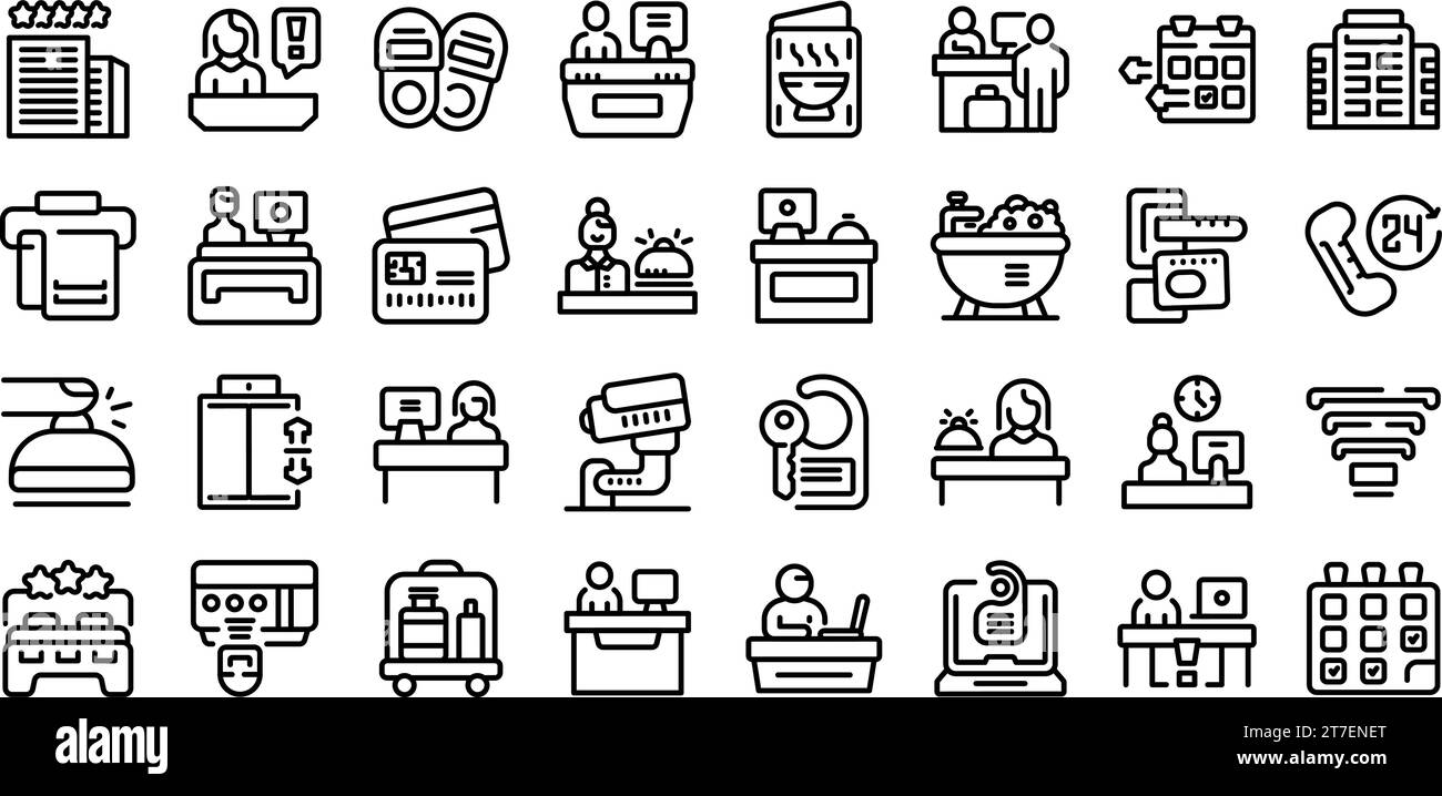 Hotel reception icons set outline vector. Desk lobby service. Counter ...