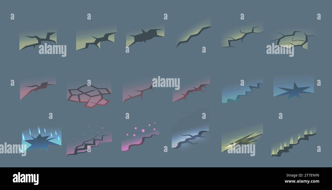Glowing from cracks icons set isometric vector. Magma lava. Fracture ...