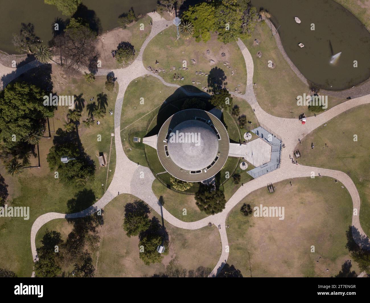 Aerial view of a Planetarium circular park with a fountain in the ...