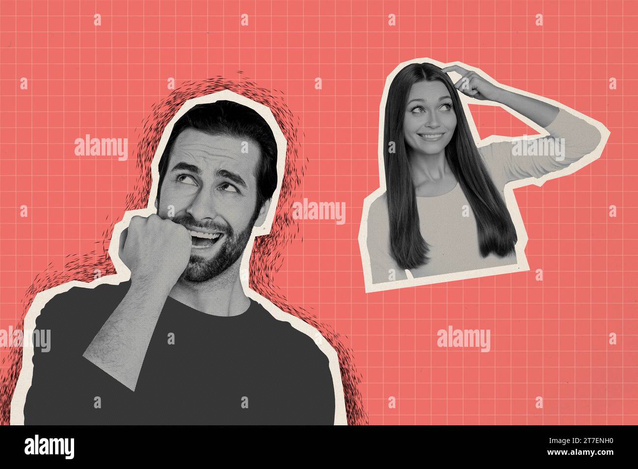 Creative artwork template collage of couple confused bite fist scratch ...