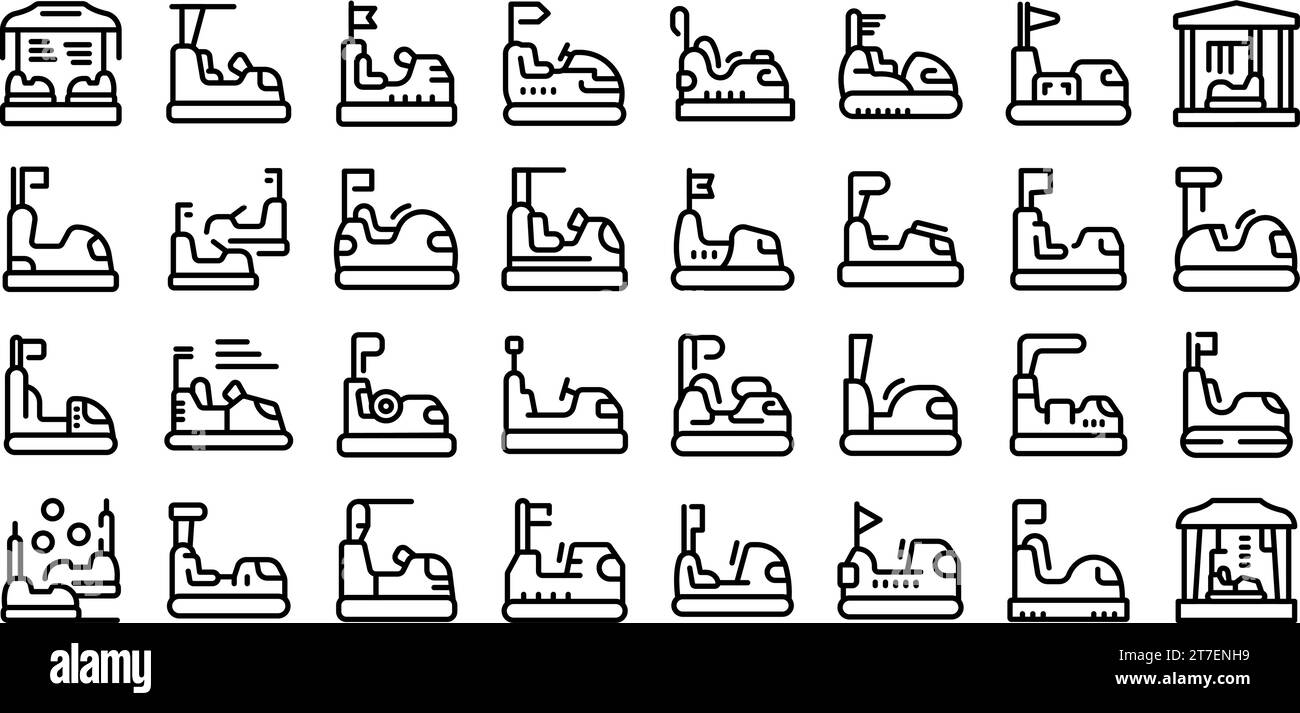 Bumper cars attraction icons set outline vector. Park game. Fun fair ...