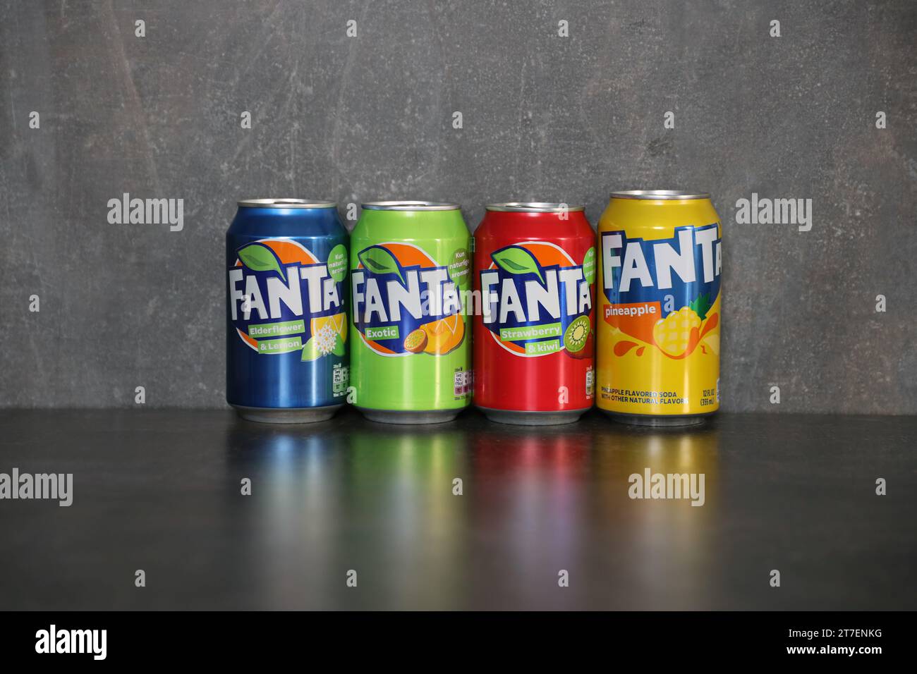 KYIV, UKRAINE - 4 MAY, 2023: Fanta soft drink brand tin cans with ...