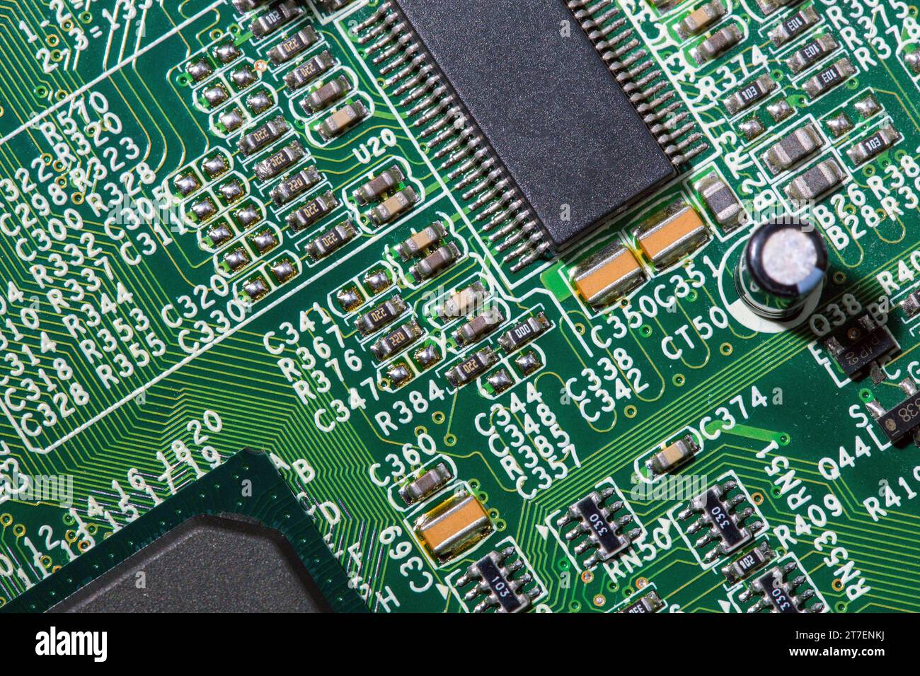 old digital circuit board with microprocessors and components, closeup ...
