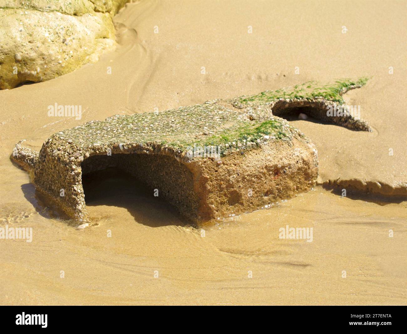 man made concrete slab on the sand covered beach in summer time Stock ...