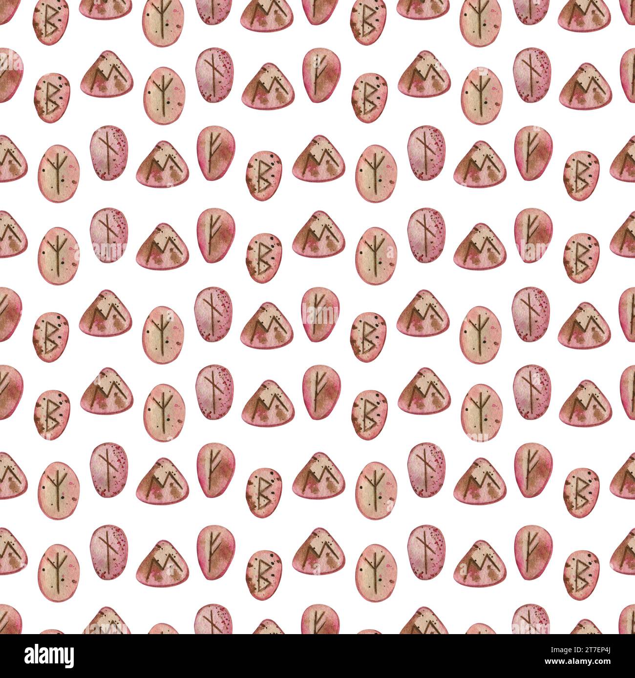 Seamless watercolor pattern. Runes and divination stones are drawn in ...