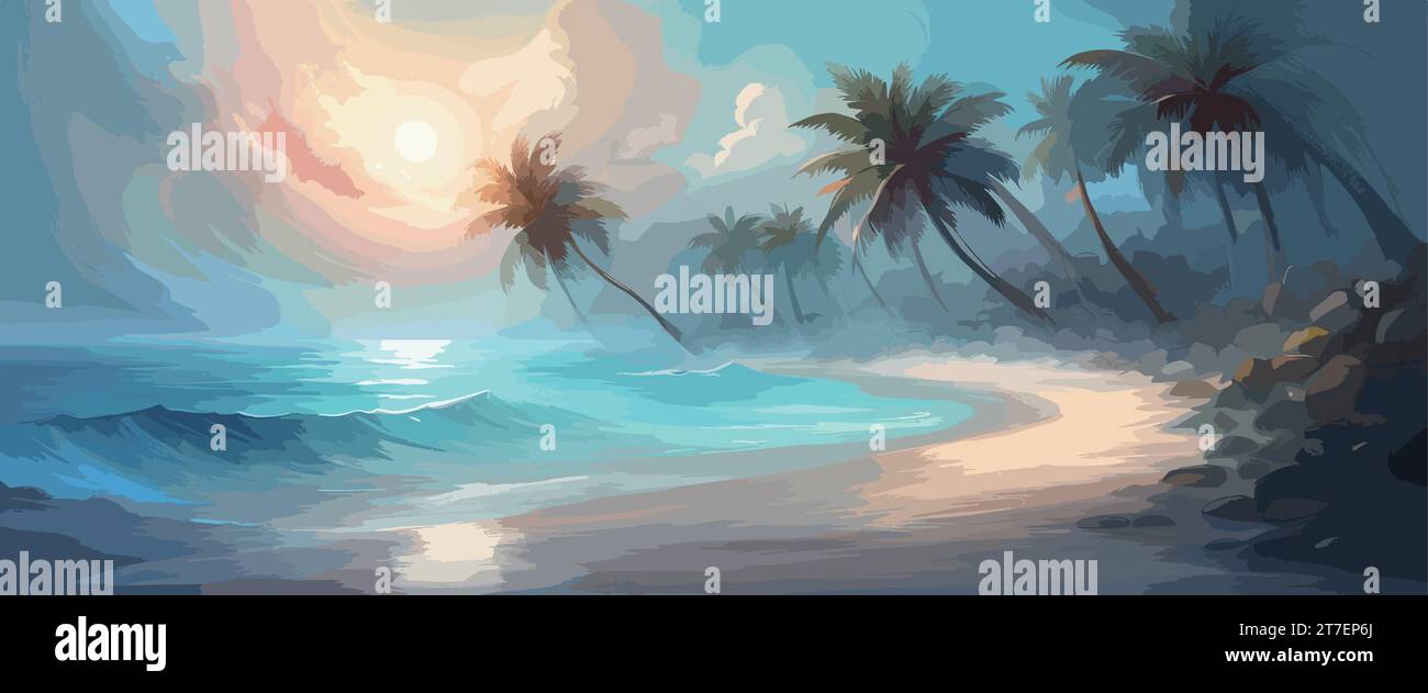 Banner Paradise beach tropical island, palm trees, white sand, azure ...
