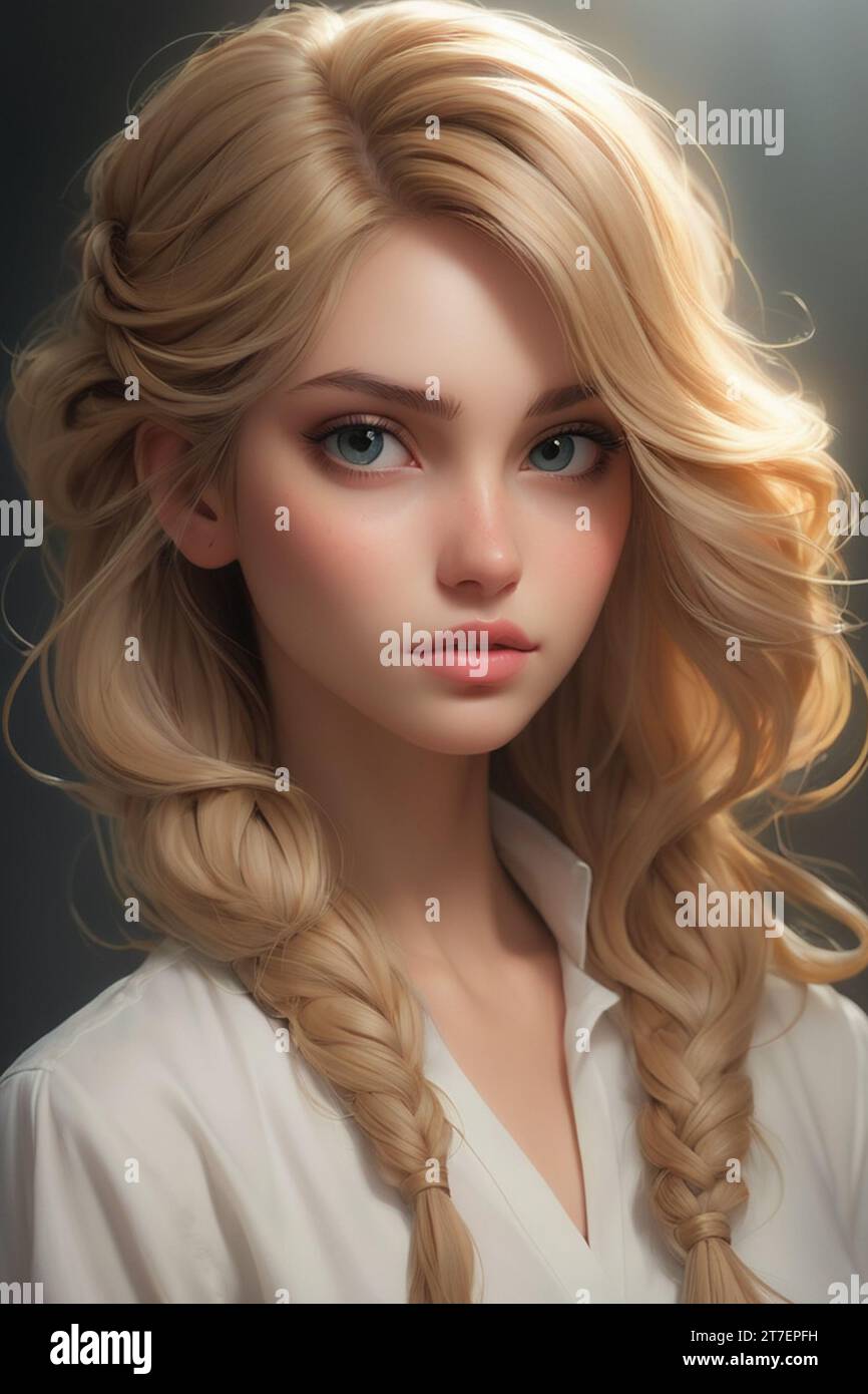 A young, Caucasian female with fair, blonde hair and blue eyes looks ...