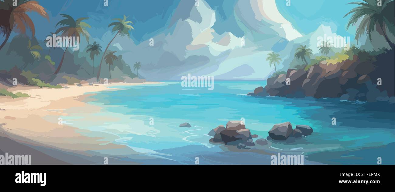 Banner beautiful beach with palm trees in morning with peace and calm ...